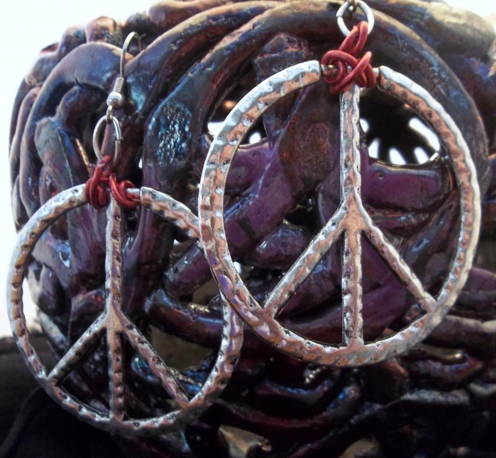 Metal Art Peace Sign Earrings, Wire-wrapped on Luulla