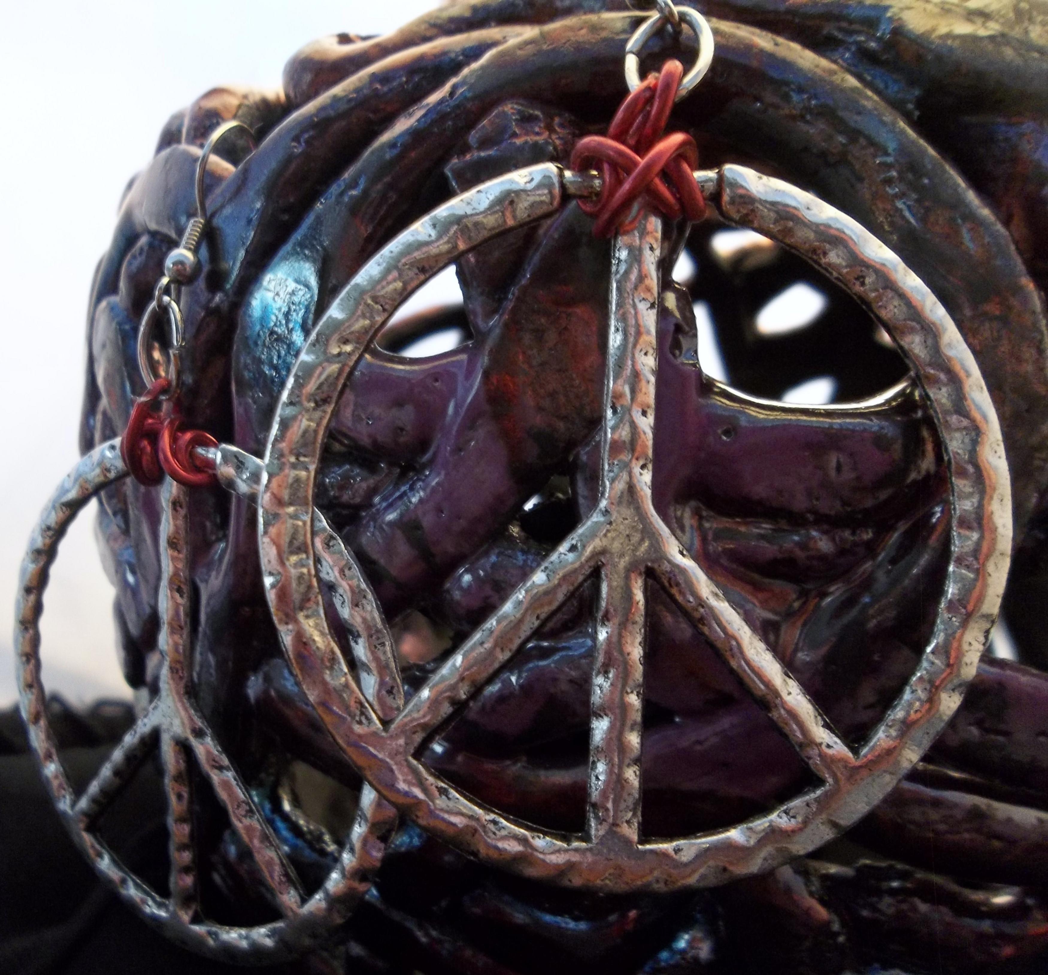 Metal Art Peace Sign Earrings, Wire-wrapped on Luulla